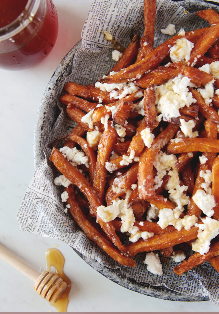 Sweet Potato Fries with Goat Cheese and Hot Honey