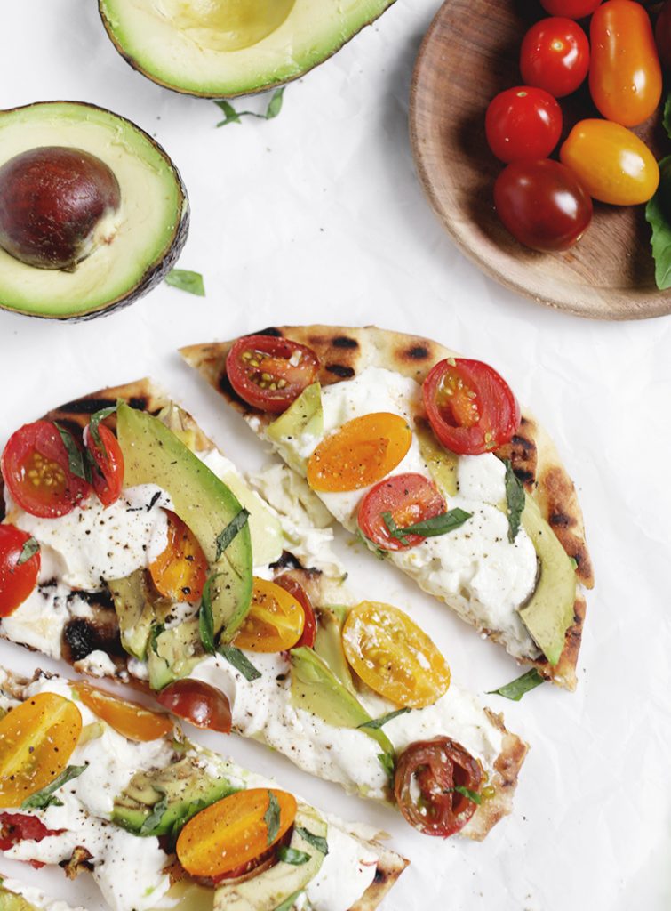 Tomato, Basil & Burrata Grilled Flatbread with Avocado - The Merrythought