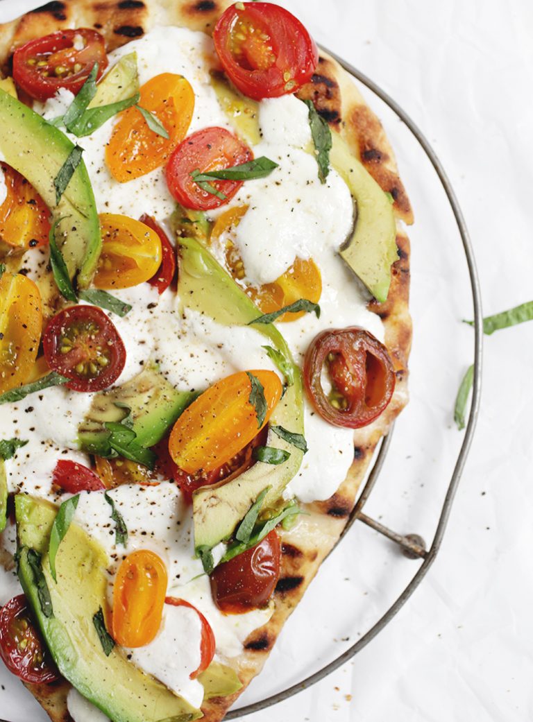 Tomato, Basil & Burrata Grilled Flatbread with Avocado - The Merrythought